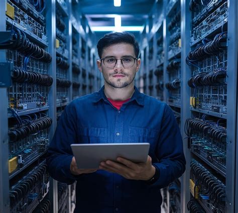 Young Network Engineer Looking At Ethernet Switches Premium Ai Generated Image