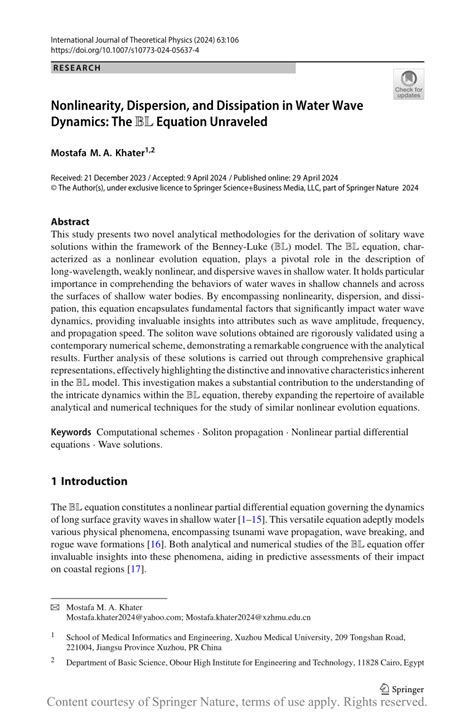 Nonlinearity Dispersion And Dissipation In Water Wave Dynamics The Bl Documentclass[12pt