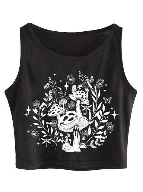 Remidoo Womens Casual Graphic Cropped Tank Top Sleeveless Mushroom Print Tank Tops Black Large