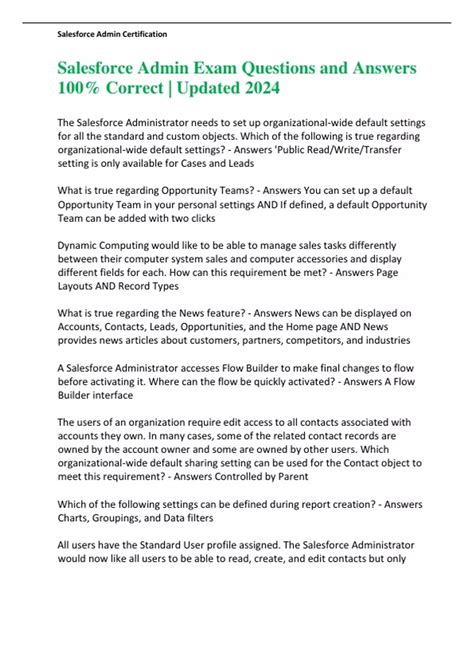 Salesforce Admin Exam Questions And Answers 100 Correct Updated 2024 Salesforce Certified