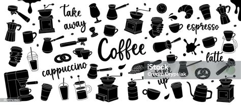 블랙 커피 숍 세트입니다 콩 음료 냄비 패키지 그라인더 필터 기계 포터필터 주전자 카페 메뉴 커피 숍에 대한 손으로 그린 요소