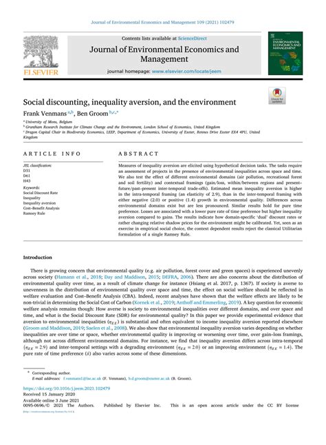Pdf Social Discounting Inequality Aversion And The Environment
