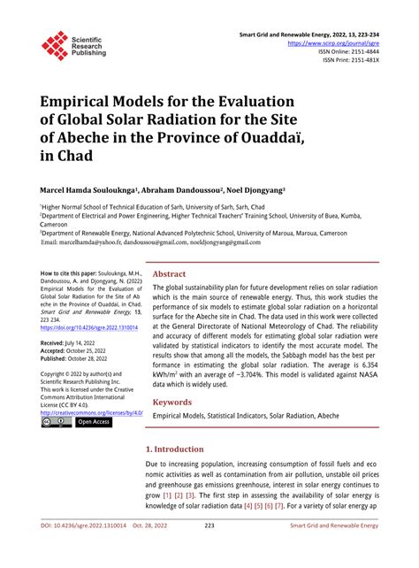 Pdf Empirical Models For The Evaluation Of Global Solar Radiation For The Site Of Abeche In