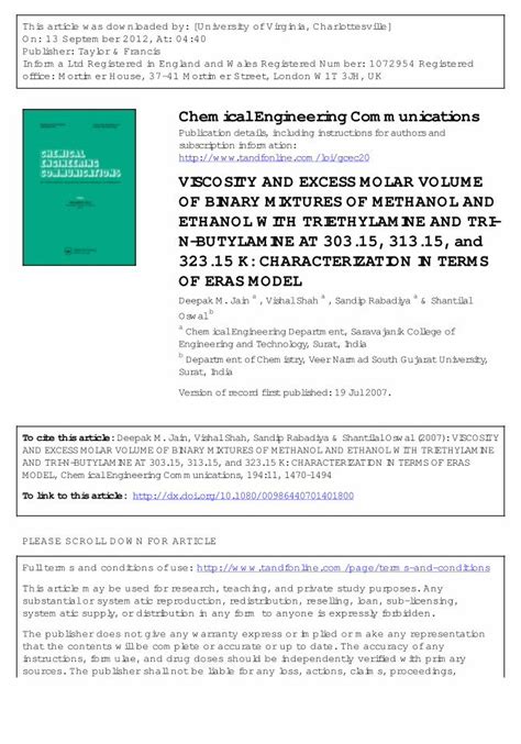 Pdf Viscosity And Excess Molar Volume Of Binary Mixtures Of Methanol