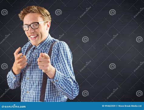 Nerd Man Pointing Against Navy Chalkboard Stock Image Image Of Showing Hand 99463359