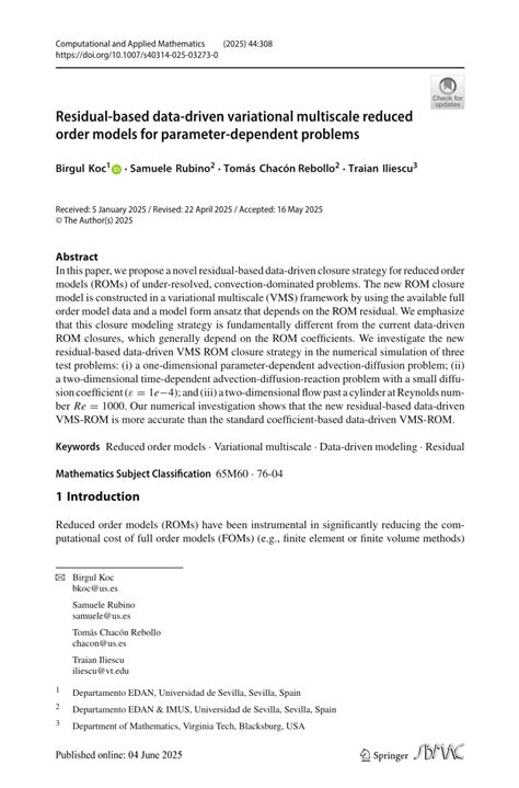Pdf Residual Based Data Driven Variational Multiscale Reduced Order Models For Parameter