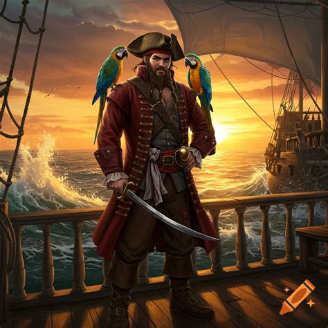 A Bearded Pirate With Two Parrots On His Shoulders Stands On A Ship