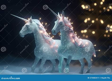 Magic Festive Of A Couple Unicorn Covered In Glowing Lights In A