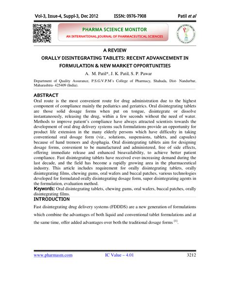 Pdf A Review Orally Disintegrating Tablets Recent Advancement In Formulation And New Market