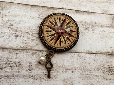 Brooch With Compass Motif Navigation Seafaring Shell Pearl T For Him