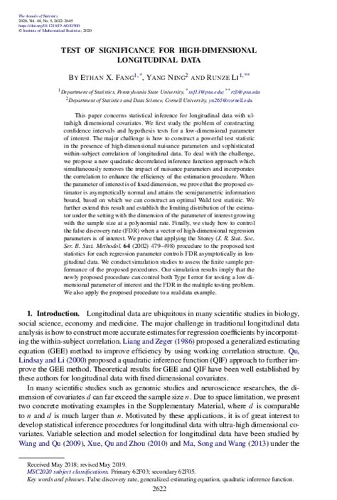 Pdf Test Of Significance For High Dimensional Longitudinal Data