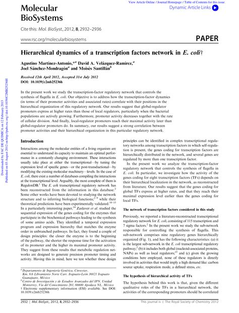 Pdf Hierarchical Dynamics Of A Transcription Factors Network In E Coli