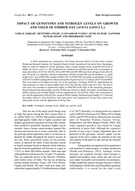 Pdf Impact Of Genotypes And Nitrogen Levels On Growth And Yield Of Fodder Oat Avena Sativa L