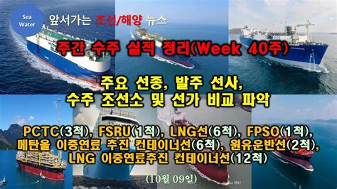 주간 수주 실적 정리week 40주 주요 선종 발주 선사 수주 조선소 및 선가 비교 파악 Pctcfsru Lngcfpso 메탄올 Ctn Cot Lng