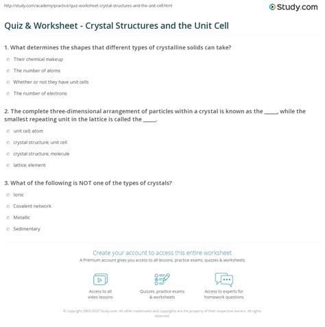 Quiz And Worksheet Crystal Structures And The Unit Cell