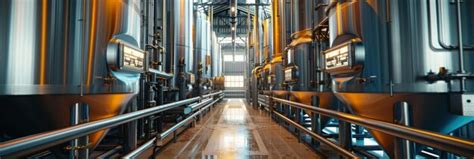 A Brewery With Giant Stainless Steel Vats And Pipes Automated Systems Controlling The