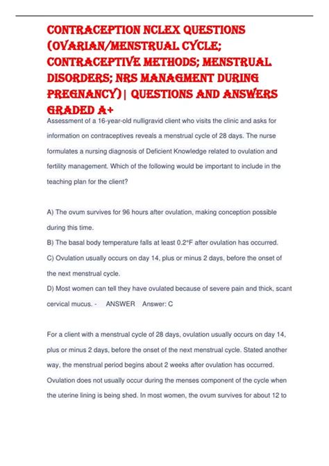 ContraCeption NCLeX Questions Ovarian MenstruaL CyCLe ContraCeptive Methods MenstruaL