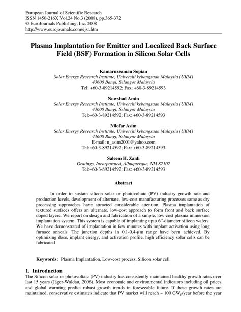 Pdf Plasma Implantation For Emitter And Localized Back Surface Field Bsf Formation In