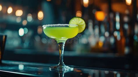 Classic Margarita Cocktail With Salt Rim And Lime Slice Stock