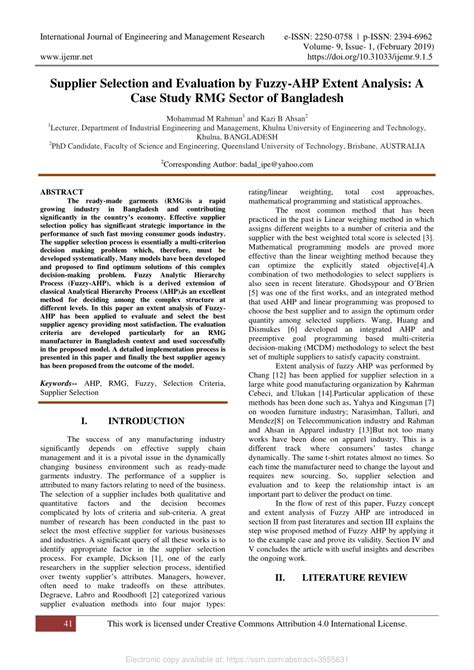 PDF Supplier Selection And Evaluation By Fuzzy AHP Extent Analysis A Case Study RMG Sector Of
