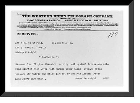 Historic Framed Print [telegram From Orville Wright In Kitty Hawk N C