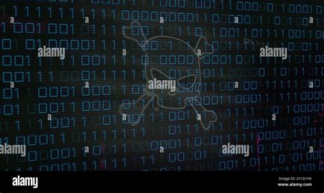 binary code and skull with crossbones image over digital background