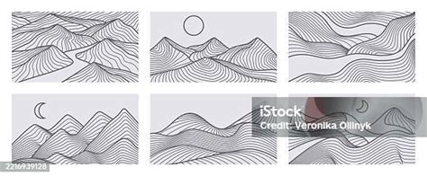 라인 산 풍경 선형 산봉우리와 언덕 물결 모양의 패턴과 강 태양과 달의 윤곽선 추상적인 일본 벽지 예술 윤곽선 그리기 벡터 배경 언덕에 대한 스톡 벡터 아트 및 기타 이미지