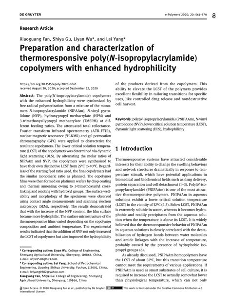 Pdf Preparation And Characterization Of Thermoresponsive Polyn