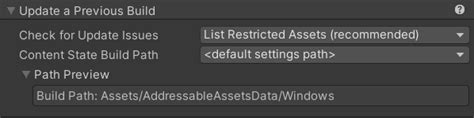 Content Update Build Settings Addressables