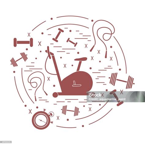 원에 배열 하는 스포츠 장비의 다른 종류의 벡터 그림 건너뛰는 밧줄 스톱 워치 자전거 운동의 아이콘을 포함 하 여 아령 가냘픈에 대한 스톡 벡터 아트 및 기타 이미지