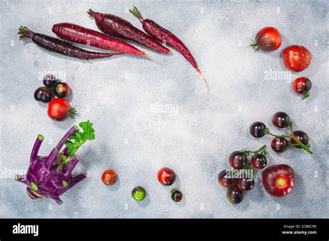 Anthocyanin Rich Vegetables On Light Textured Backdrop Top View Stock