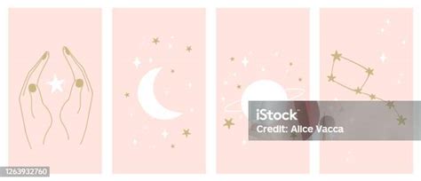 인스 타 그램 소셜 미디어 이야기 하이라이트 및 게시물에 대한 달 별과 별자리 요소 기호와 간단한 선형 스타일의 추상 신비한