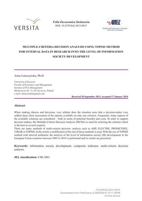 Pdf Multiple Criteria Decision Analysis Using Topsis Method For Interval Data In Research Into