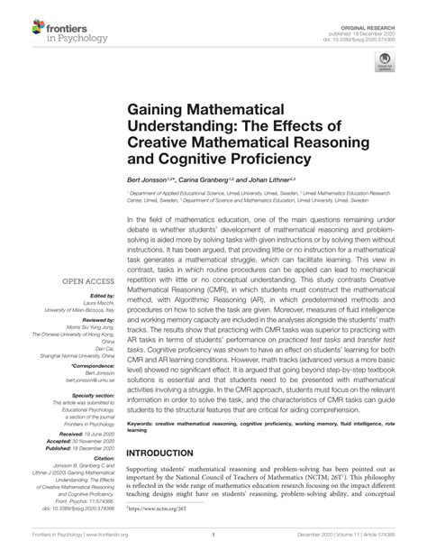 Pdf Gaining Mathematical Understanding The Effects Of Creative Mathematical Reasoning And