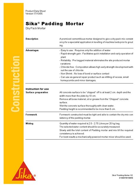 Sika Padding Mortar Data Sheet Pdf Mortar Masonry Concrete