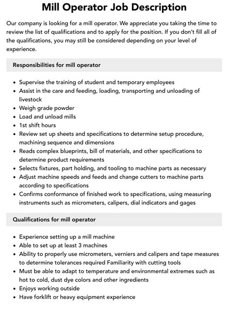 Mill Operator Job Description Velvet Jobs