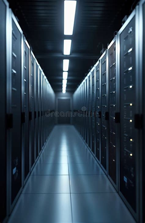 Secure Data Center Hallway Rows Of Dark Metal Server Racks Line Space Modern Tech