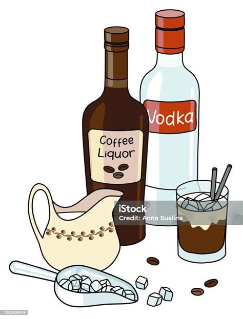 낙서 만화 화이트 러시아어 칵테일과 재료 구성 보드카와 커피 리큐어 병 크림 주전자와 얼음 스쿱 바 메뉴 스티커 또는 알코올