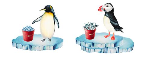 물고기로 가득 찬 빨간 양동이와 얼음 위의 킹 펭귄이 있는 수채화 퍼핀 새 현실적인 북극과 남극 해양 포유류를 손으로 그립니다 디자이너 장식 엽서 포장지 스크랩북 표지 로고