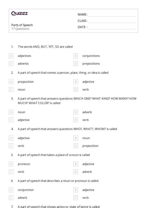 50 Parts Of Speech Worksheets For 7th Class On Quizizz Free And Printable