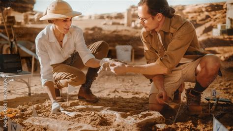 Archaeological Digging Site Two Great Paleontologists Pass Bone Of A Newly Discovered Of