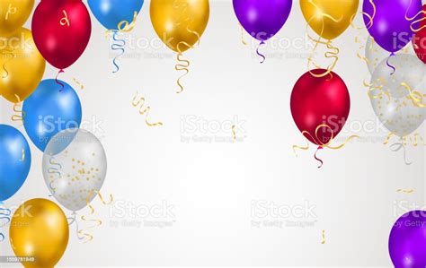 화려한 풍선과 색종이 조각이 있는 축하 배경 벡터 그림입니다 3차원 형태에 대한 스톡 벡터 아트 및 기타 이미지 3차원 형태 공휴일 금색 Istock