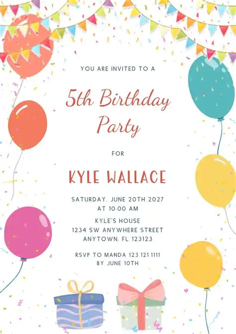 풍선과 콘페티 무료 어린이 생일 초대장 템플릿 Invitanku