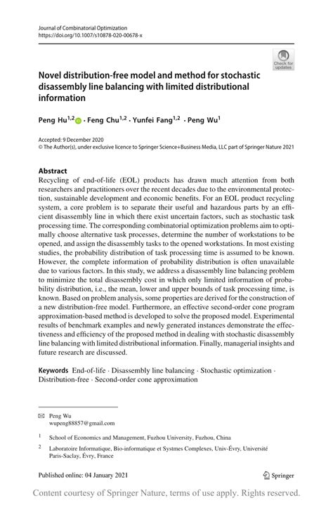 Novel Distribution Free Model And Method For Stochastic Disassembly Line Balancing With Limited