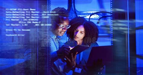 Man Woman And Tablet With Overlay For Technology Maintenance In Dark Data Center Or Software
