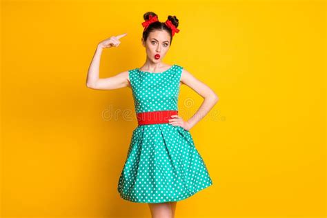 Portrait Of Nice Lovely Amazed Stunned Girl Wearing Teal Dotted Dress Showing Hairdo Pout Lips