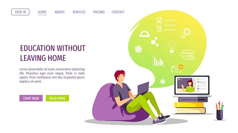 공부 온라인 교육 거리 교육 E러닝 튜토리얼 및 과정을 위한 웹 페이지 디자인 안락의자에 노트북 책과 남자 개념에 대한 스톡 벡터 아트 및 기타 이미지 Istock