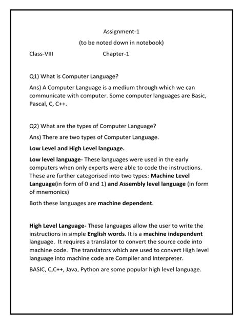 Class 8 Assignment 1 Pdf