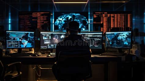 Unrecognizable Man Sitting Against Computer Monitors In Dark Room Of