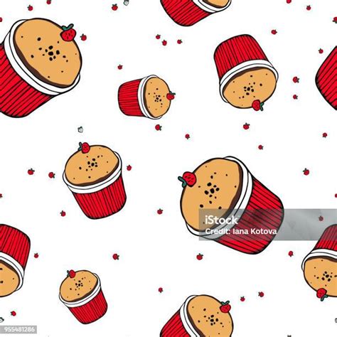 베리 머핀입니다 딸기 컵 케 익입니다 카페 메뉴의 그림을 벡터 빵집 손으로 그려 달콤한 디저트 화이트에 벡터 완벽 한 패턴입니다 0명에 대한 스톡 벡터 아트 및 기타 이미지